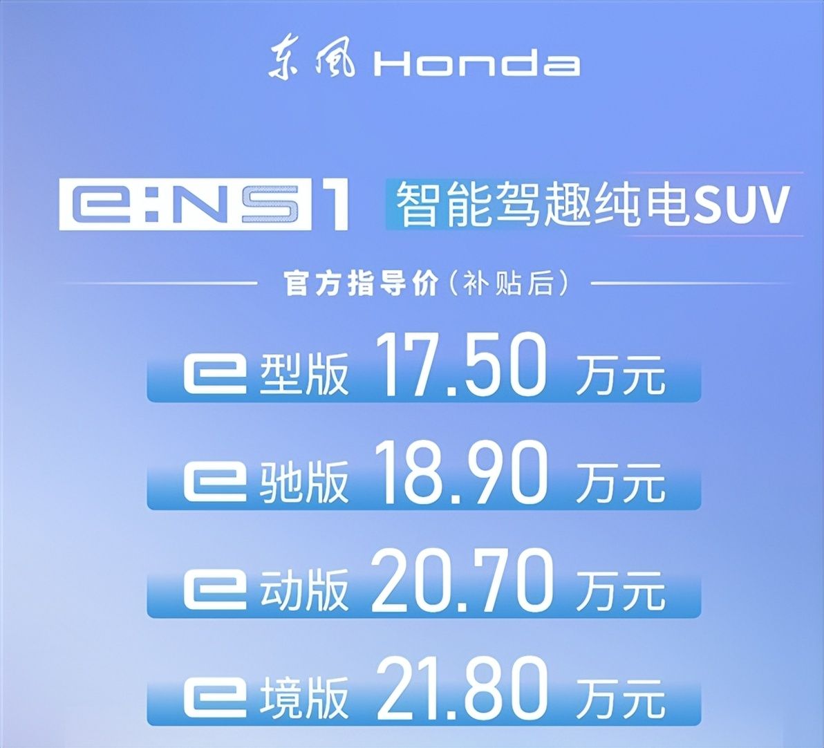 首款纯电平台SUV！东风本田e:NS1上市：17.5万起，最大续航510km_搜狐汽车_搜狐网