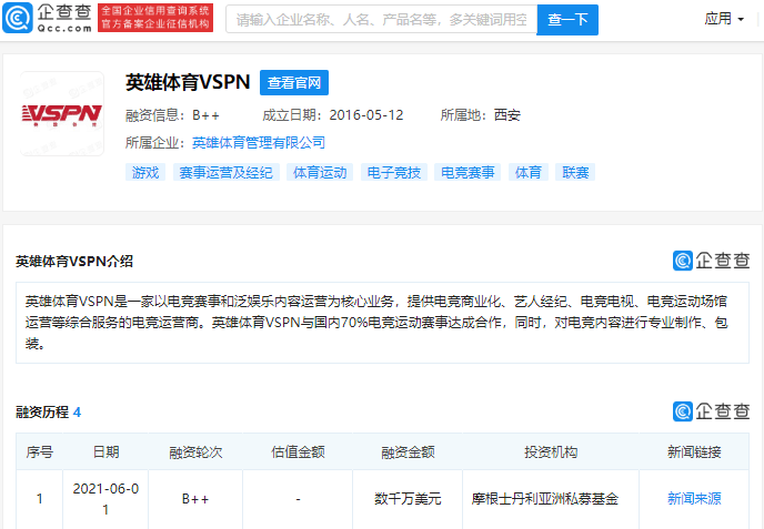 “英雄体育VSPN”完成B++融资，融资金额数千万美元_吴晟