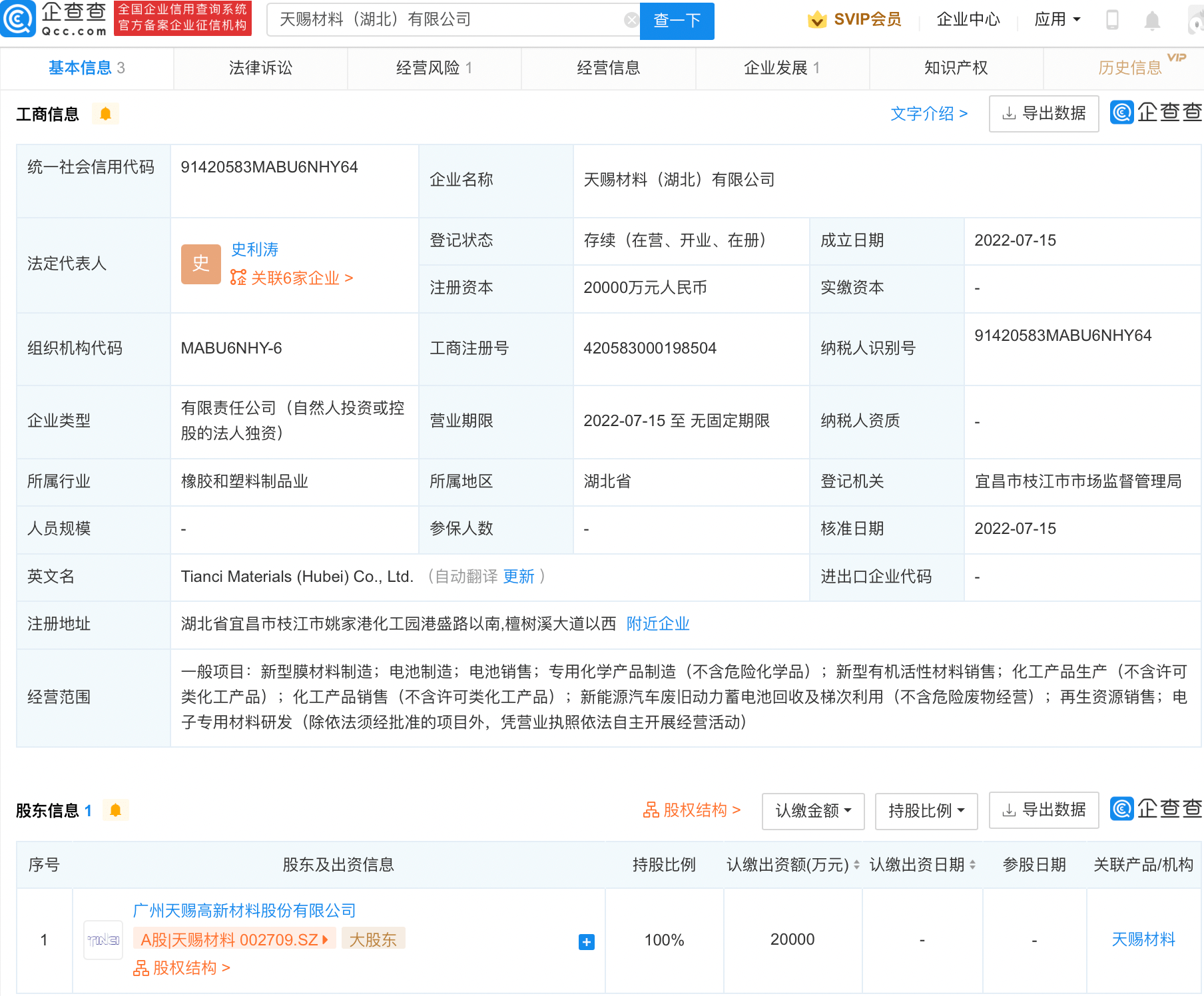 天赐材料2亿元成立新公司，经营范围含电池制造_史利涛_显示_销售