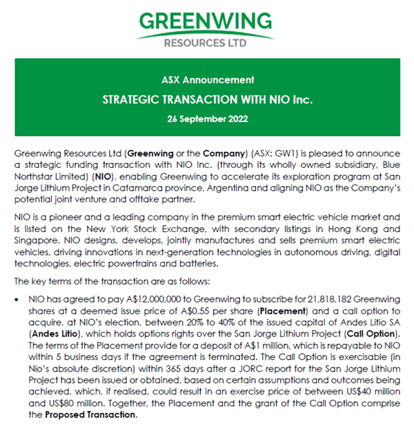 电动车巨头蔚来汽车溢价125%买入澳大利亚矿企Greenwing Resources(ASX:GW1),参与股价竞猜拿现金大奖！_搜狐汽车_搜狐网