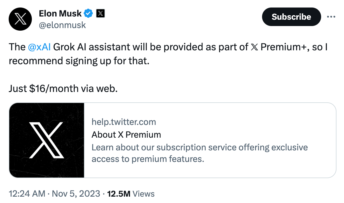 马斯克：xAI 首款 AI 助手“Grok”为 X“Premium+”订阅服务标配功能，每月 16 美元_进行_用户_补充